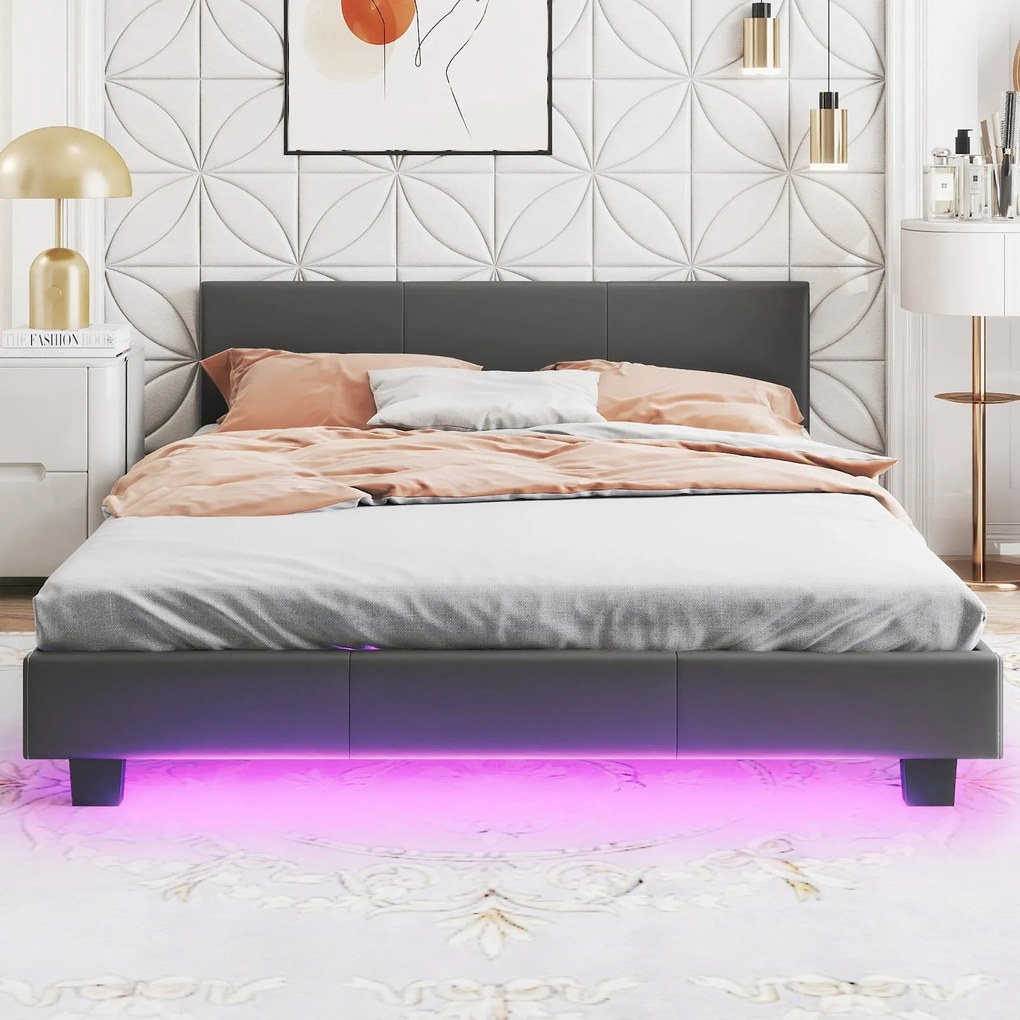 Costway Postel s LED osvětlením čalouněná s lamelovým roštem rám