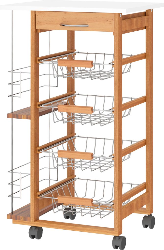 HOMCOM Kuchyňský vozík na kolečkách, Víceúčelový vozík s šuplíkem, 4 odnímatelné kovové koše a boční regály, 47x37x83 cm, Přirozené dřevo | Aosom