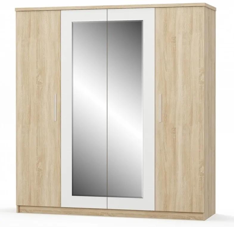 Šatní skříň 4D MARKOS 201 cm, dub sonoma a matná bílá, zrcadlo