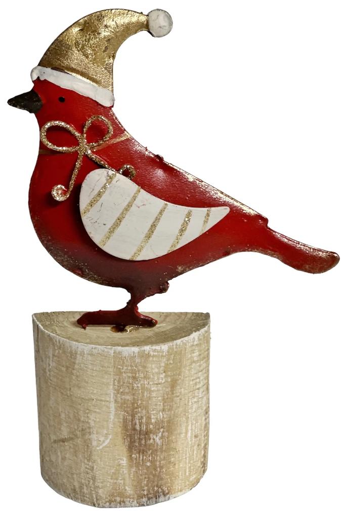 Dekorace ptáček na podstavci, červená/zlatá, 12x17,5x3,5cm
