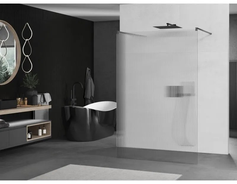 Mexen Kioto, sprchová zástěna Walk-In 130 x 200 cm, 8mm sklo s žebrovým vzorem, grafitový profil, 800-130-002-66-09