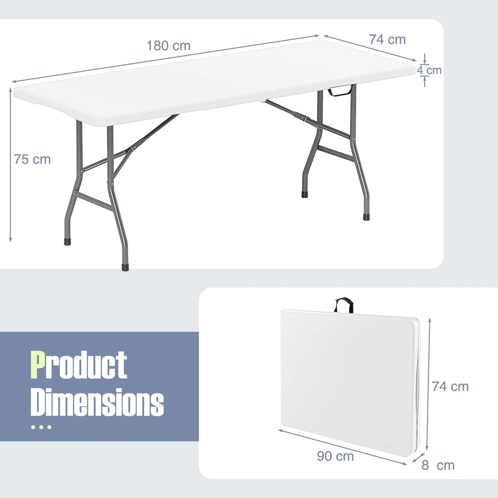Costway Zahradní stůl skládací s HDPE stolovou deskou a rukojetí – 180 × 74 cm