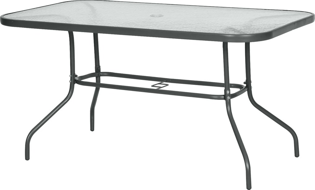 Outsunny Obdélníkový Zahradní Stůl s Zakřivenými Kovovými Okraji a Otvorem pro Slunečník, Temperované Sklo 70kg Kapacita 140x80x70 cm Tmavě Šedá | Aos