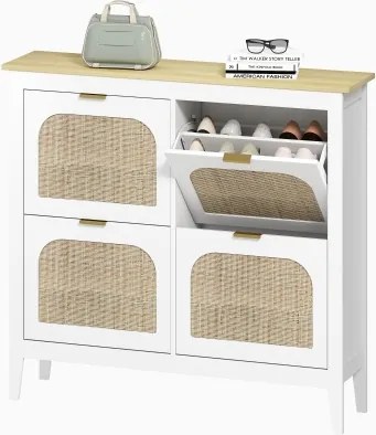 HOMCOM Úzká botní skříňka se 4 ratanovými dveřmi a nastavitelnými policemi pro 20 párů bot 105x24x95,5 cm Bílá