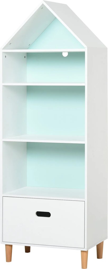 HOMCOM Dětská knihovna Dřevěná knihovna pro děti na knihy, hračky a DVD s 4 policemi a 1 zásuvkou Dvoubarevný kompaktní design 50x30x142 cm Bílá | Aos