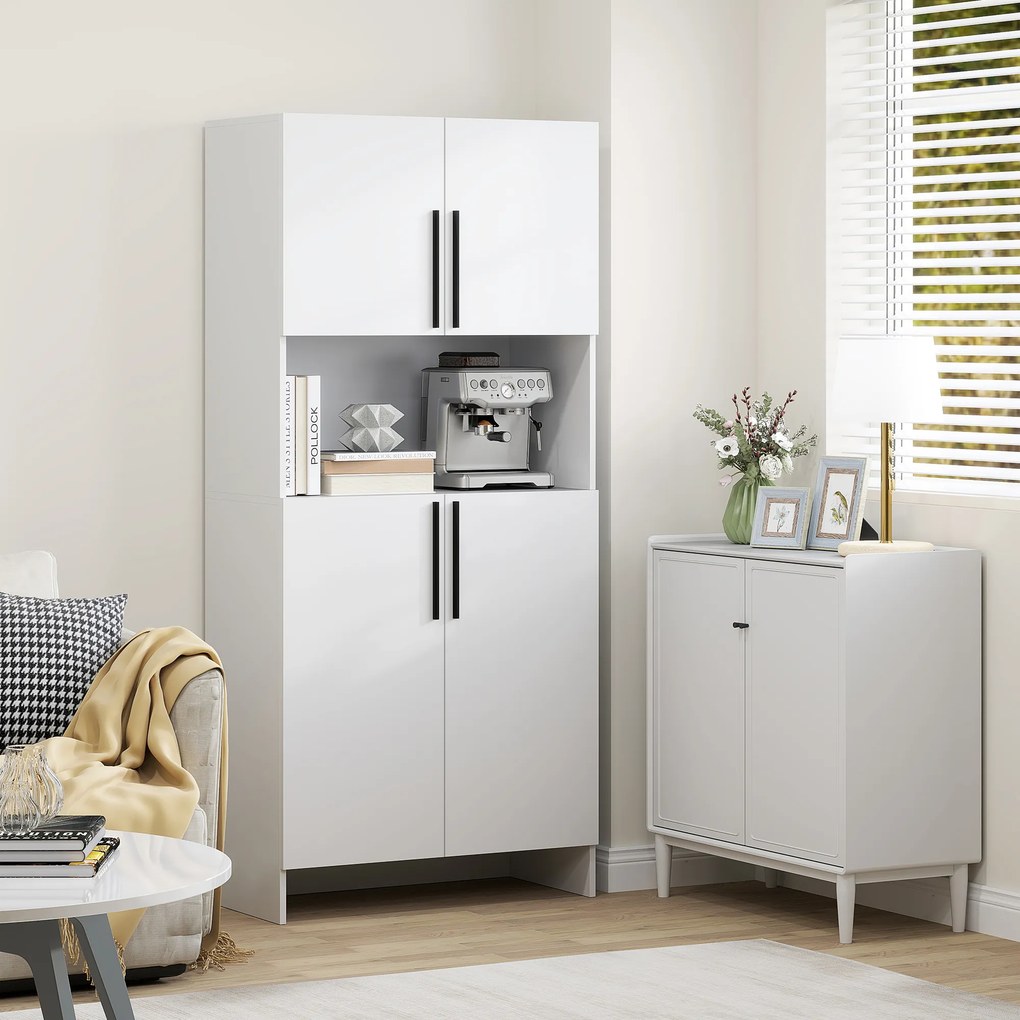 HOMCOM Kuchyňská Skříňka Buffet se Pracovní Deskou, 2 Dveře, 2 Skříňky, Vysoká Skříň s Tichými Závěsy, Mikrovlnková Skříňka s Moderním Designem, Bílá