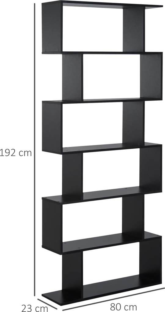 HOMCOM Moderní Knihovna se 6 Policemi pro Jídelnu, Obývací Pokoj a Kancelář 80x23x192 cm Černá