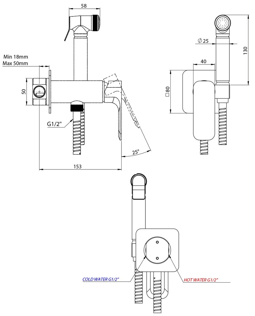 Sapho Sapho, SPY podomítková baterie s bidetovou sprškou, černá matná, PY13/15