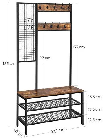 Goleto Rustikální botník s věšákem 185cm | černohnědý