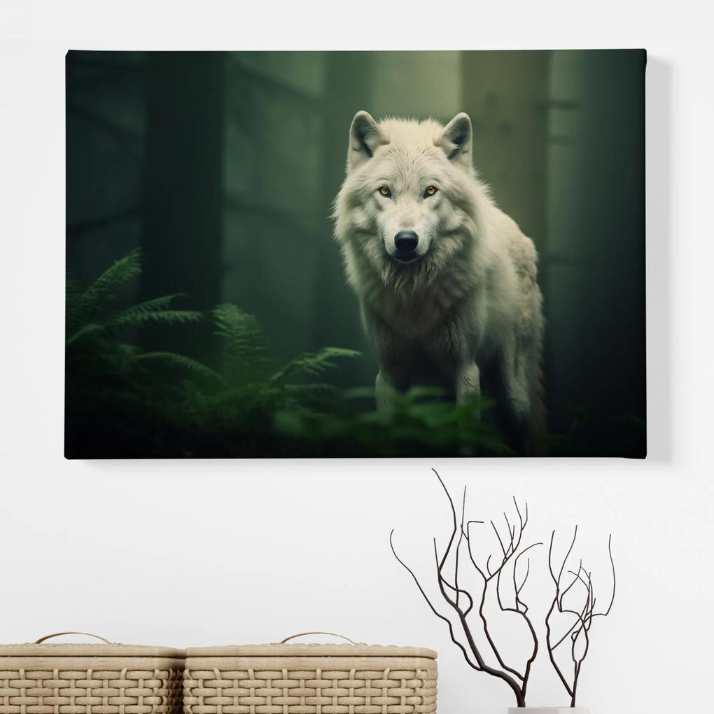 Obraz na plátně - Bílý vlk a lesní mlžné ráno FeelHappy.cz Velikost obrazu: 90 x 60 cm