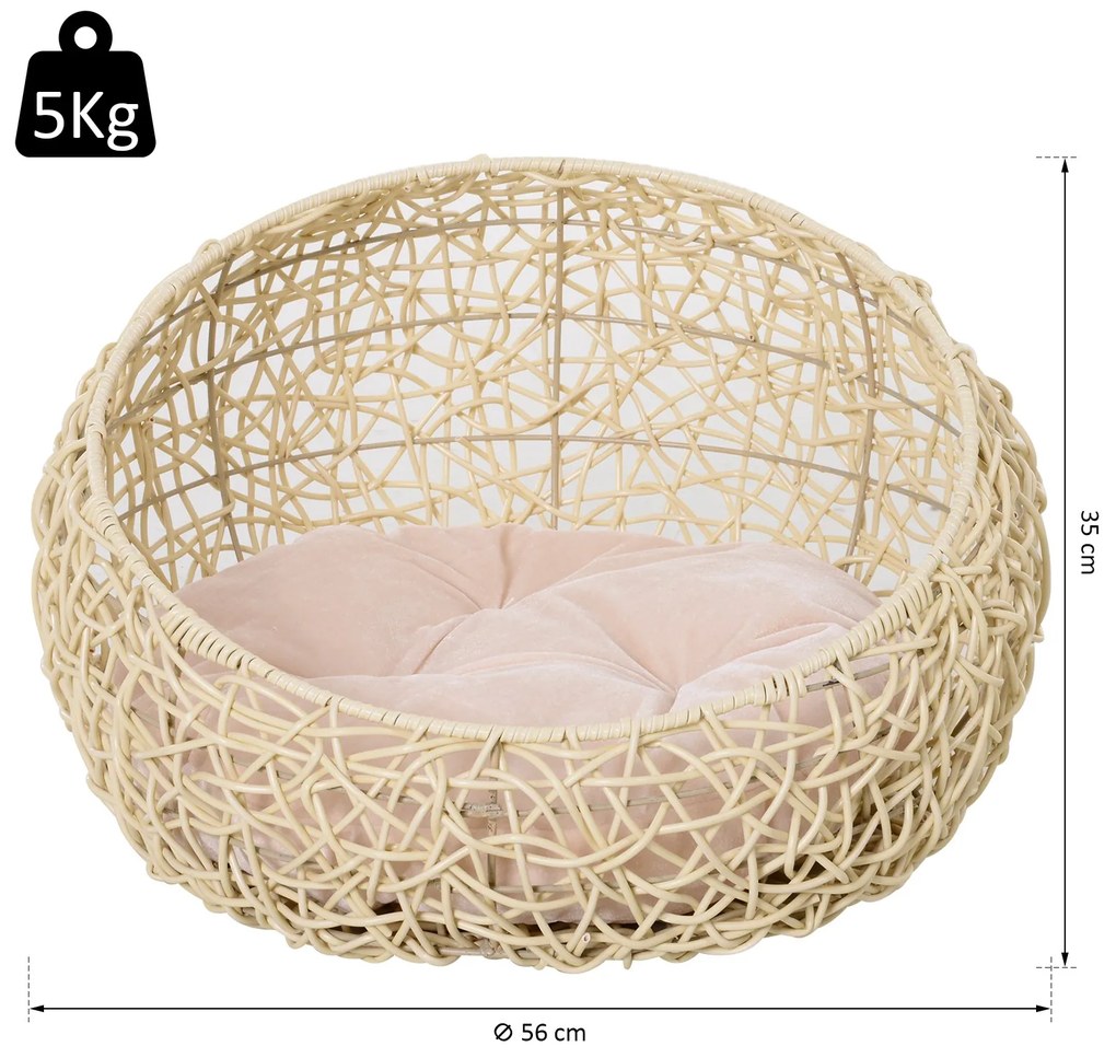 PawHut ratanový pelíšek pro kočky Pohodlná jeskyně pro kočky s polštářem Koš pro kočky a pelíšek pro psy Béžová Ø56x35cm pro kočky a malé psy | Aosom…
