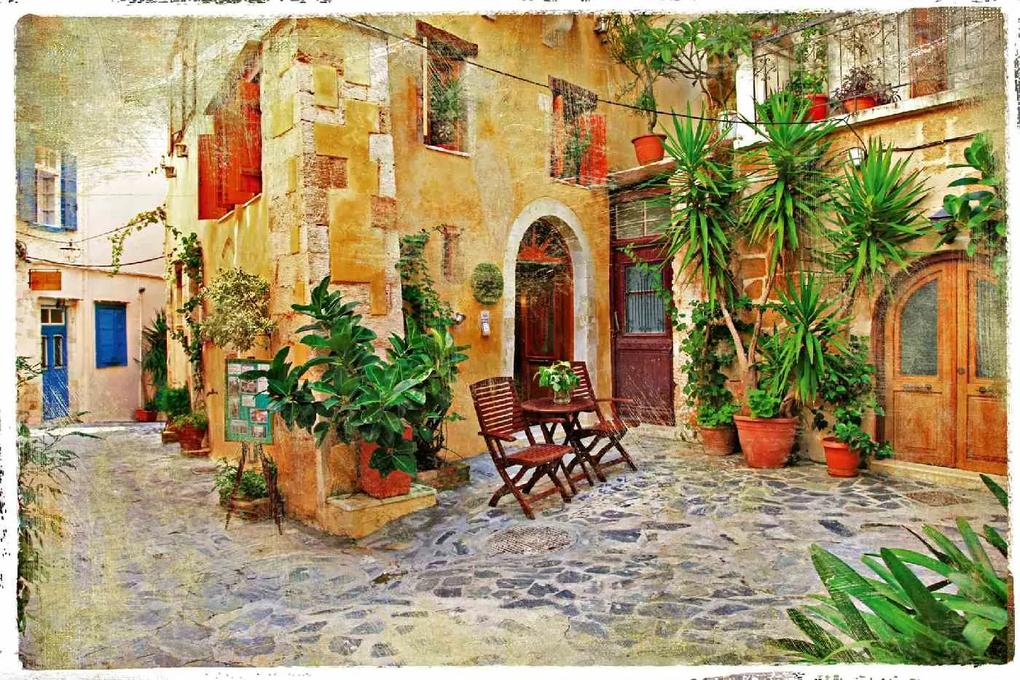 DIMEX | Samolepicí vliesová fototapeta na zeď Stará řecká ulice MA-5-0734 | 375 x 250 cm | zelená, červená, hnědá, šedá