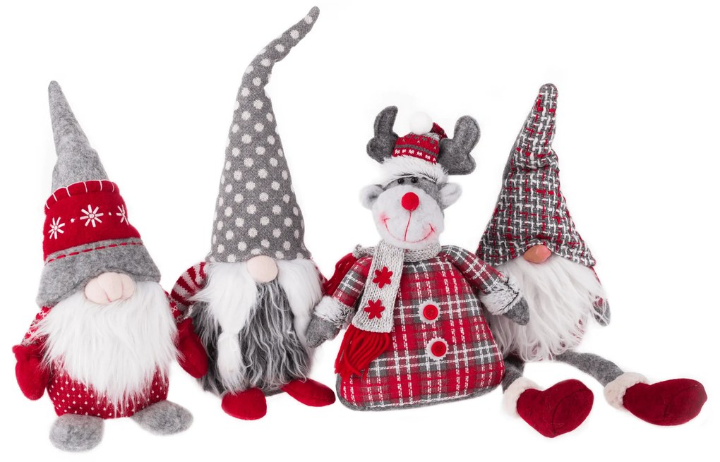 Vánoční dekorační postavičky, set 4 ks, látka, červená/šedá/bílá, DOLL
