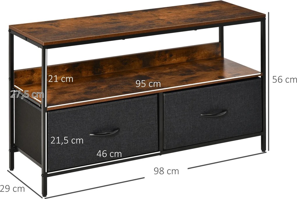 HOMCOM TV Stojan pro TV do 47" s industriálním stylem, s policí a 2 skládacími textilními šuplíky pro obývací pokoj nebo ložnici 98x29x56 cm v rustik…