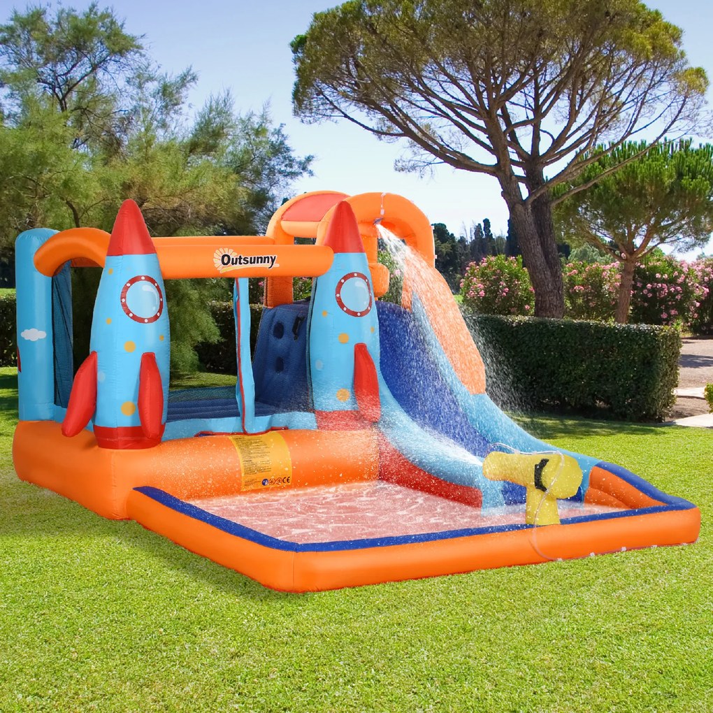 Outsunny nafukovací skákací hrad, hrací hrad se skluzavkou pro 4 děti, s foukačkou, hrací domeček pro 3-8 let, vzor raketa, polyester | Aosom