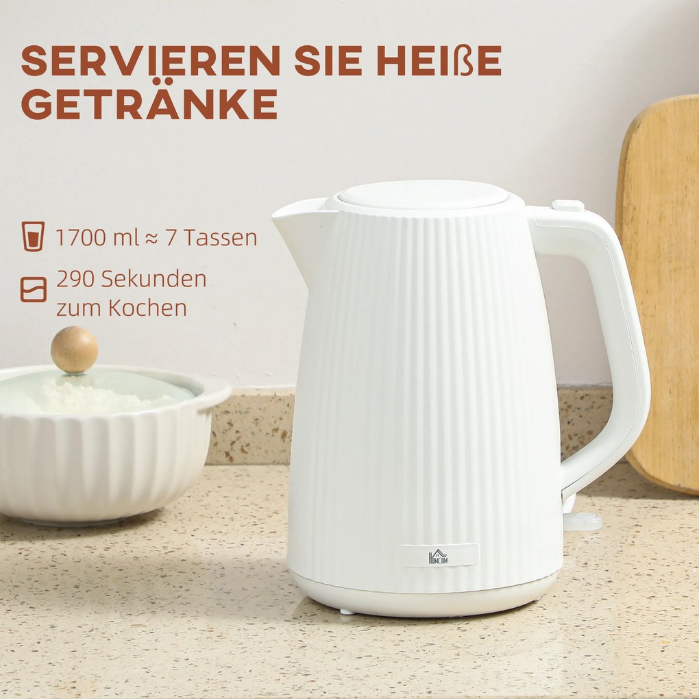 HOMCOM Elektrická konvice 1,7L, rychlovarná funkce, 2200W, s vyjímatelným filtrem proti vodnímu kameni, automatické vypnutí, Krémově bílá