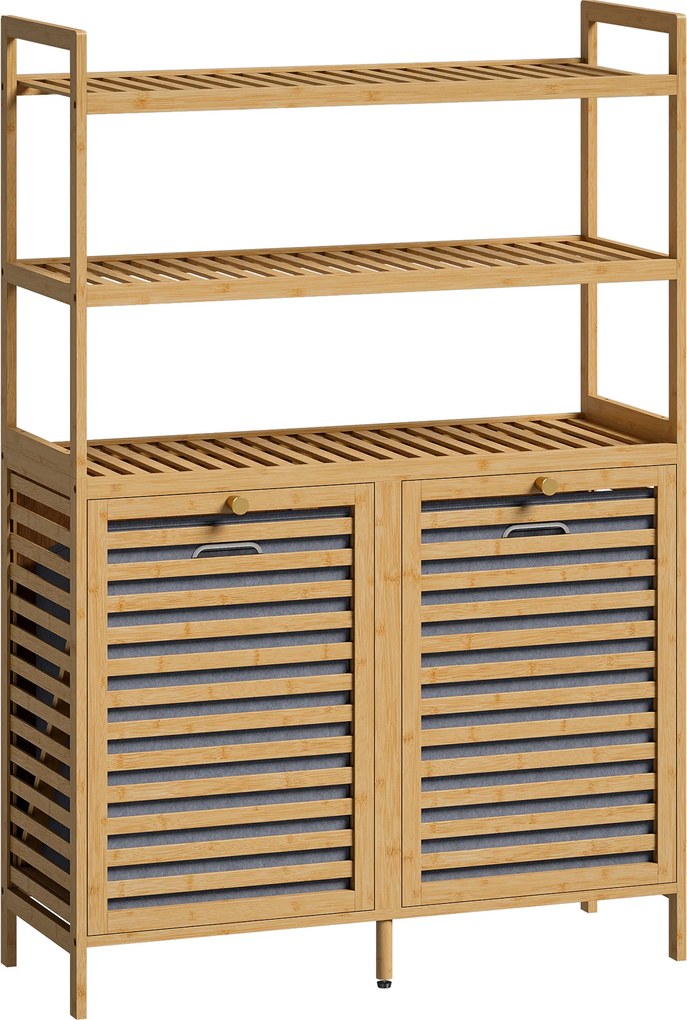 HOMCOM bambusová skříňka do koupelny s koši na prádlo – 3patrové úložiště se 2 odnímatelnými látkovými koši, 80 × 30 × 118 cm, dub