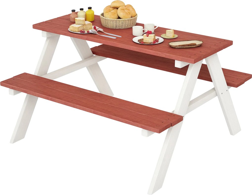 Dětský dřevěný piknikový stůl Outsunny se 2 lavičkami pro děti 3-8 let do zahrady, na patio, terasu 89x79x50 cm Hnědý | Aosom