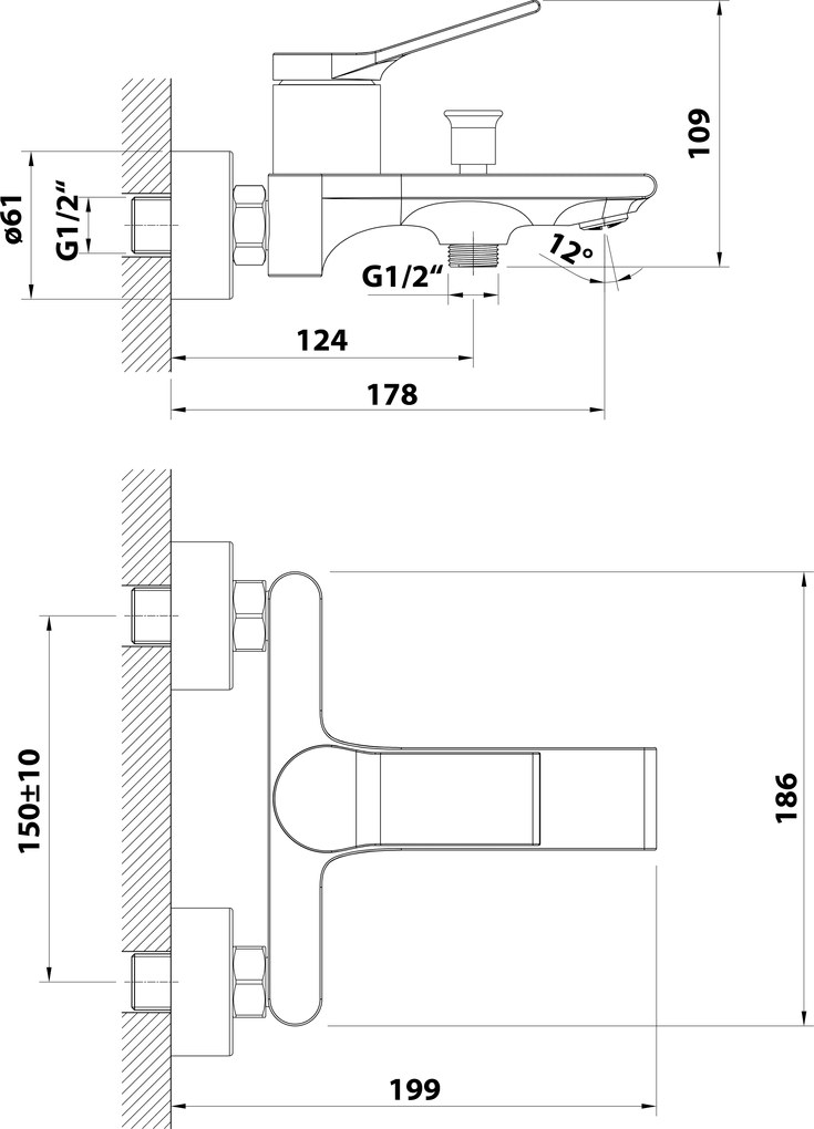 Aqualine Bolero vanová baterie nástěnná 150 mm páková chrom BC010