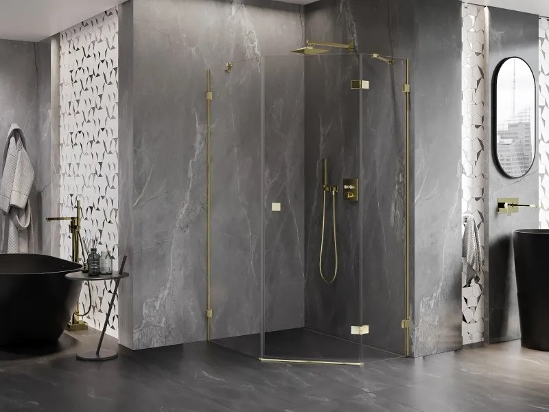 Mexen Lunar, výklopný pětiúhelníkový sprchový kout pravý 90 x 100 cm, 8mm čiré sklo, zlatý profil, 831-090P-100L-50-00-P