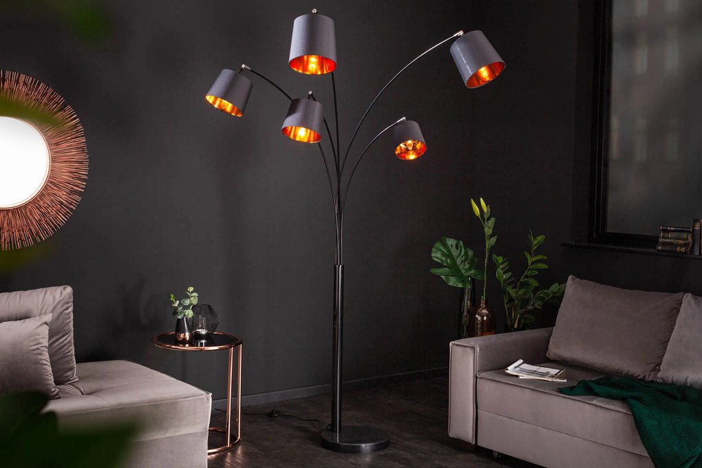 Černo - zlatá kovová stojací lampa Levero, 202 cm