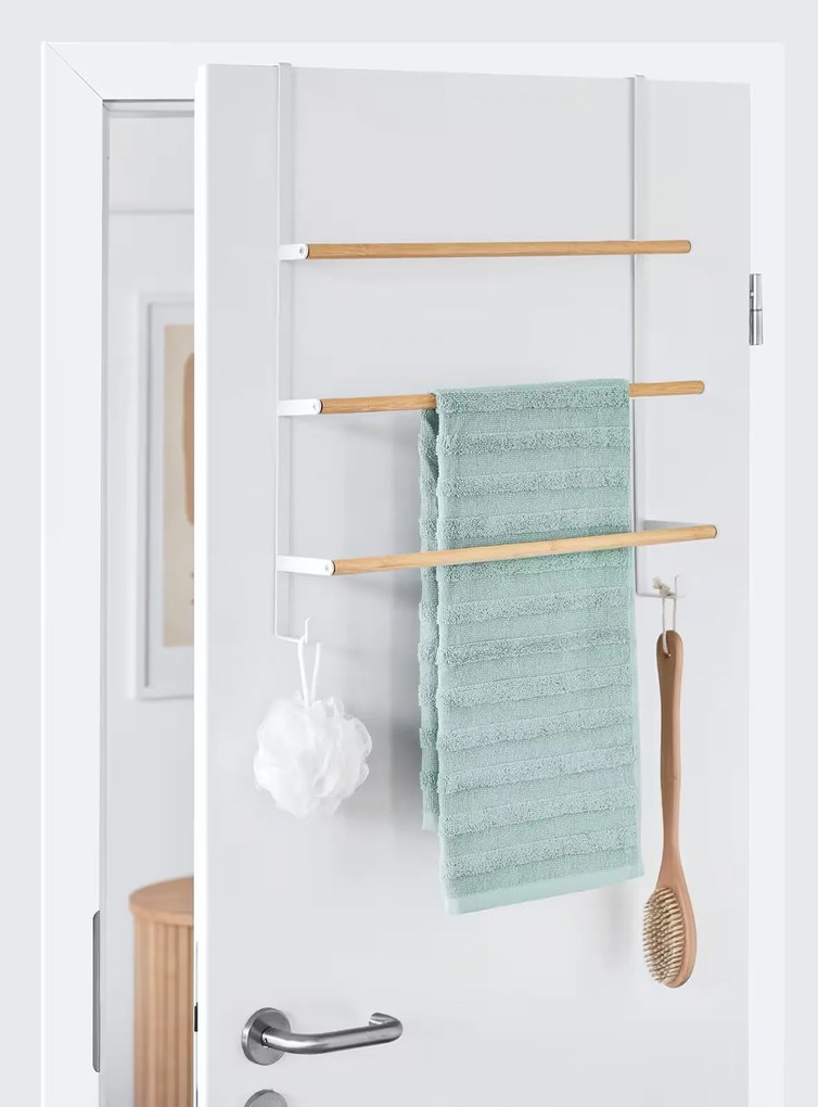 Zeller Present Věšák na ručníky na dveře, bílý kov, bambus, 51 x 13 x 56 cm