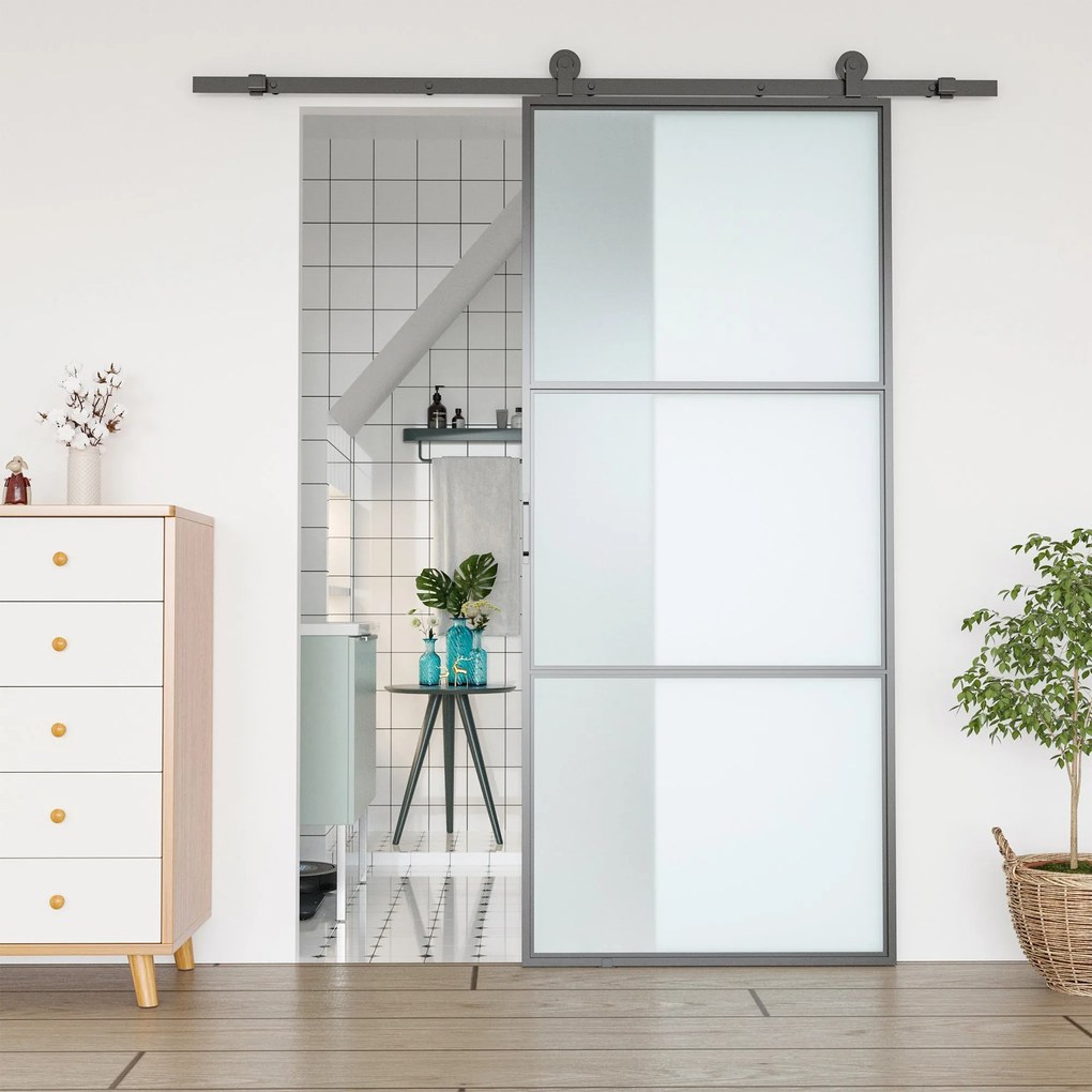 HOMCOM Sada pro posuvné dveře, 2m kovový kit se závěsy, kolejnicemi, svorkami a zařízeními proti vypadnutí, posuvný systém dveří, šrouby z uhlíkové o…