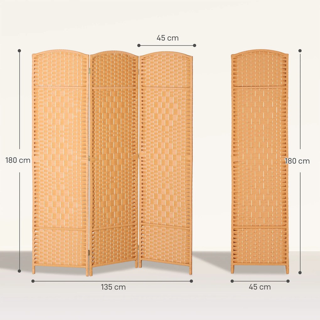 HOMCOM vnitřní paravan ze dřeva, 3-dílná skládací dělící stěna pro obývací pokoj, ložnici, 135 x 180 cm, světle hnědá