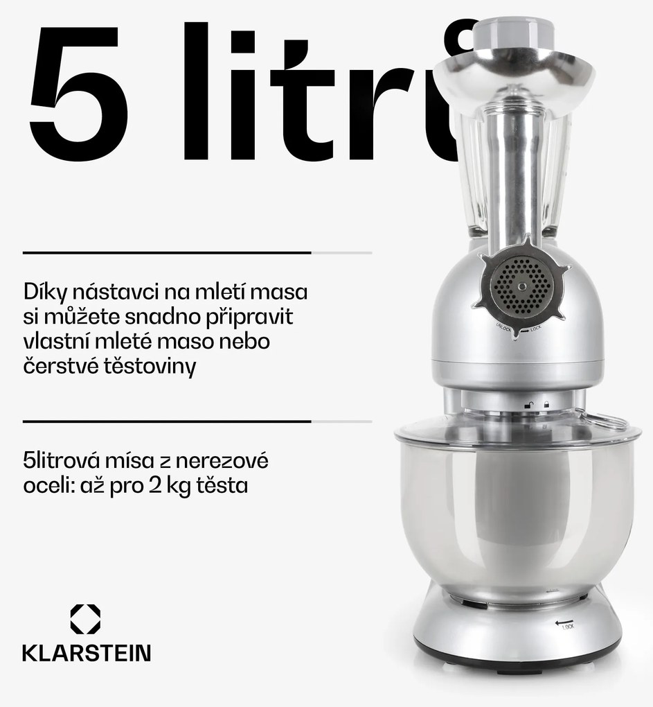 Klarstein Lucia, kuchyňský robot, mixér, mlýnek, 1800 W, 2,7 HP, 5 l, nerezová ocel, bez BPA