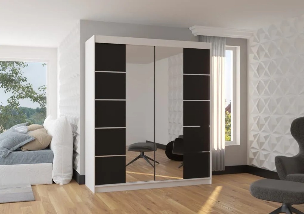 Šatní skříň s posuvnými dveřmi Dalmatia - 200 cm Barva: Černá/Bílá