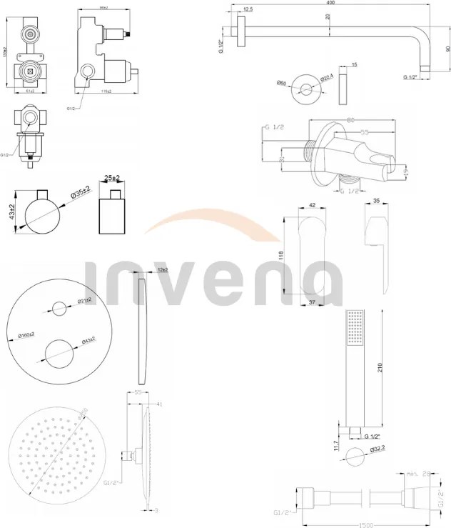 Invena Siros, podomítková sprchová sada s 2-výstupovým tělesem, černá matná, INV-BS-90-012-A