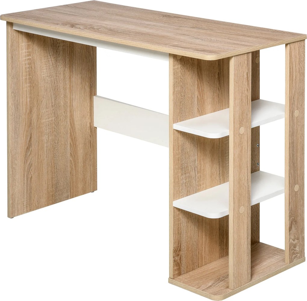HOMCOM Počítačový stůl s rozměry 100 Š x 44 H x 74 V cm, 3 boční police, dřevo, světlý dub, bílý