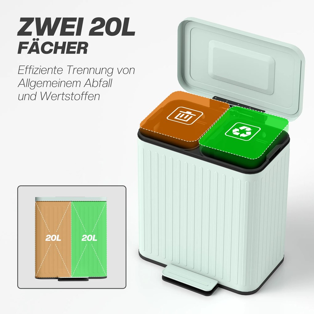 HOMCOM koš na odpad 40 l s pedálem a dvěma přihrádkami — 2 × 20 l, tlumené dovírání, funkce držení otevřeného víka, vyjímatelné vnitřní nádoby — zele…