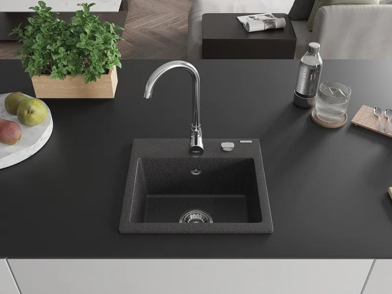 Mexen Milo granitový dřez s jednou komorou 435 x 410 mm, černý s tečkovaným vzorem, chromovaná sifon - 6505441000-76