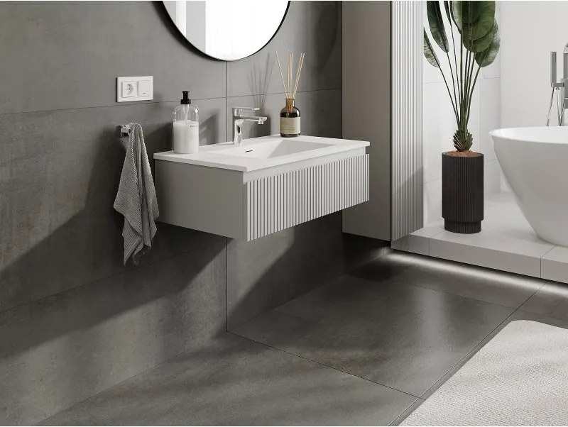 Mexen Rivel, koupelnová skříňka 80 cm s umyvadlem Otis, 1 zásuvka, drážkovaná, šedá matná/bílá, 91A20-08023-1-BF62-W18M01