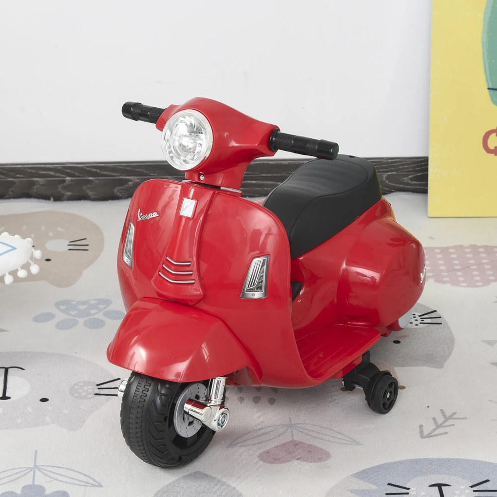 HOMCOM VESPA elektrická motorka dětská motorka elektrické vozidlo 18-36 měsíců 3 km/h LED světlo zvuk PP plast kov červená 66,5 x 38 x 52 cm