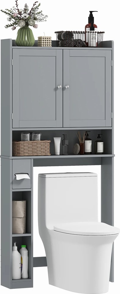 HOMCOM nástavec nábytku pro WC nebo pračku, 2 dveře, 3 přihrádky, držák na toaletní papír, 80x19,5x170 cm, šedá