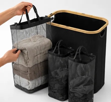 koš na prádlo, objem 110+ l, s víkem, 3 odnímatelné tašky, látka/bambus, 75x43x32 cm, černá/přírodní, Dekorino KP20260003