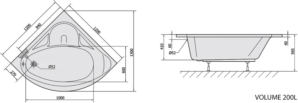 Polysan NILA rohová vana s konstrukcí 120x120x41 cm, bílá, 10211