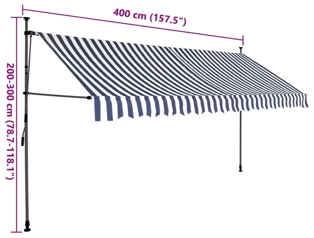 vidaXL Marketos Ručně zatahovací markýza s LED světlem 400 cm modrobílá