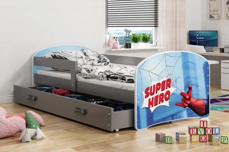 Dětská postel LUKI se šuplíkem - barva grafit - SUPER HRDINA