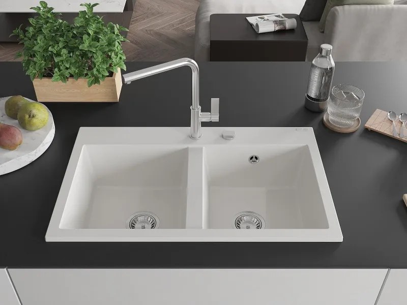 Mexen Hektor dřez žulový 2-komorový 800 x 480 mm, bílý, sifon chrom - 6521802000-20