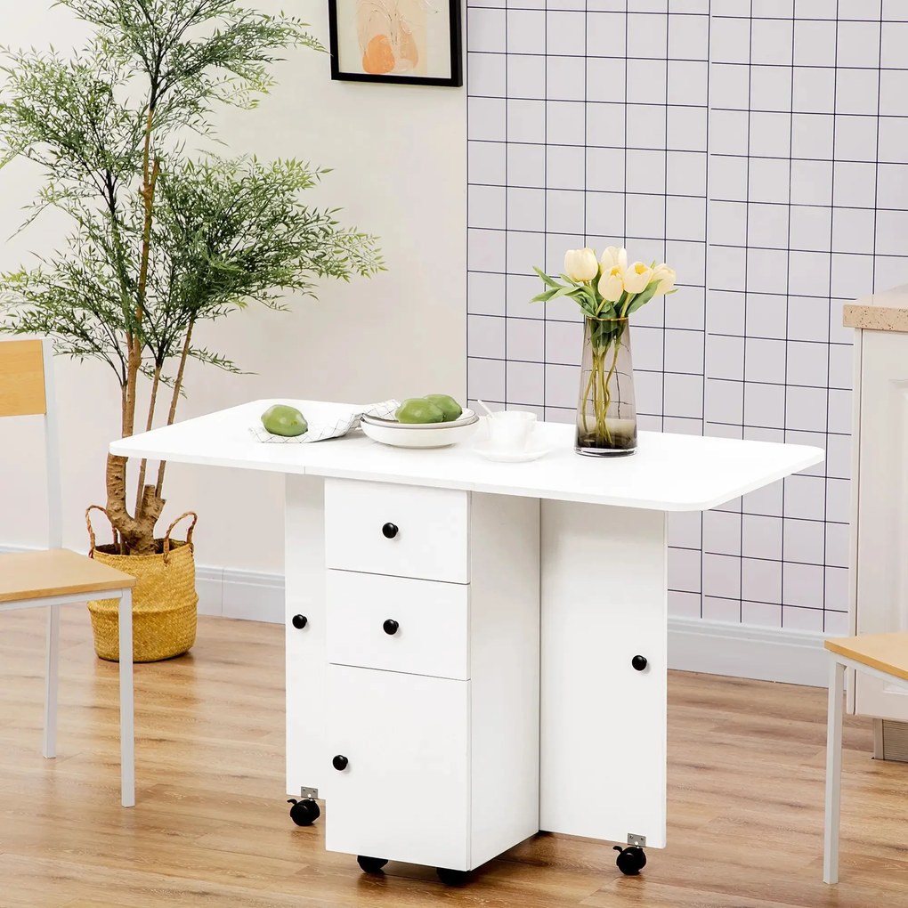 Skládací jídelní stůl HOMCOM s kolečky, skládacími křídlovými deskami, šuplíky a skříňkou pro 4-6 osob 120x60x76,5 cm Bílý