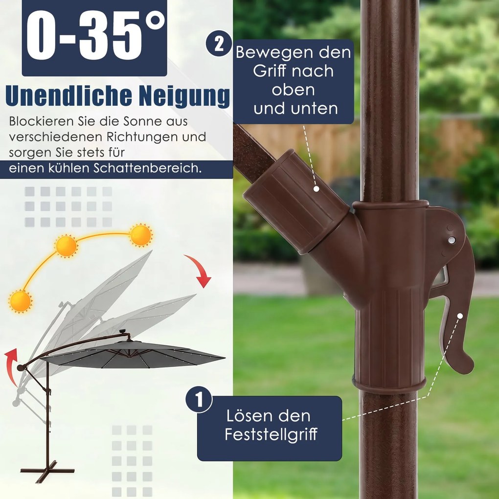 Costway Slunečník 300 cm s 40 solárními LED světly a klikou šedé, šedá
