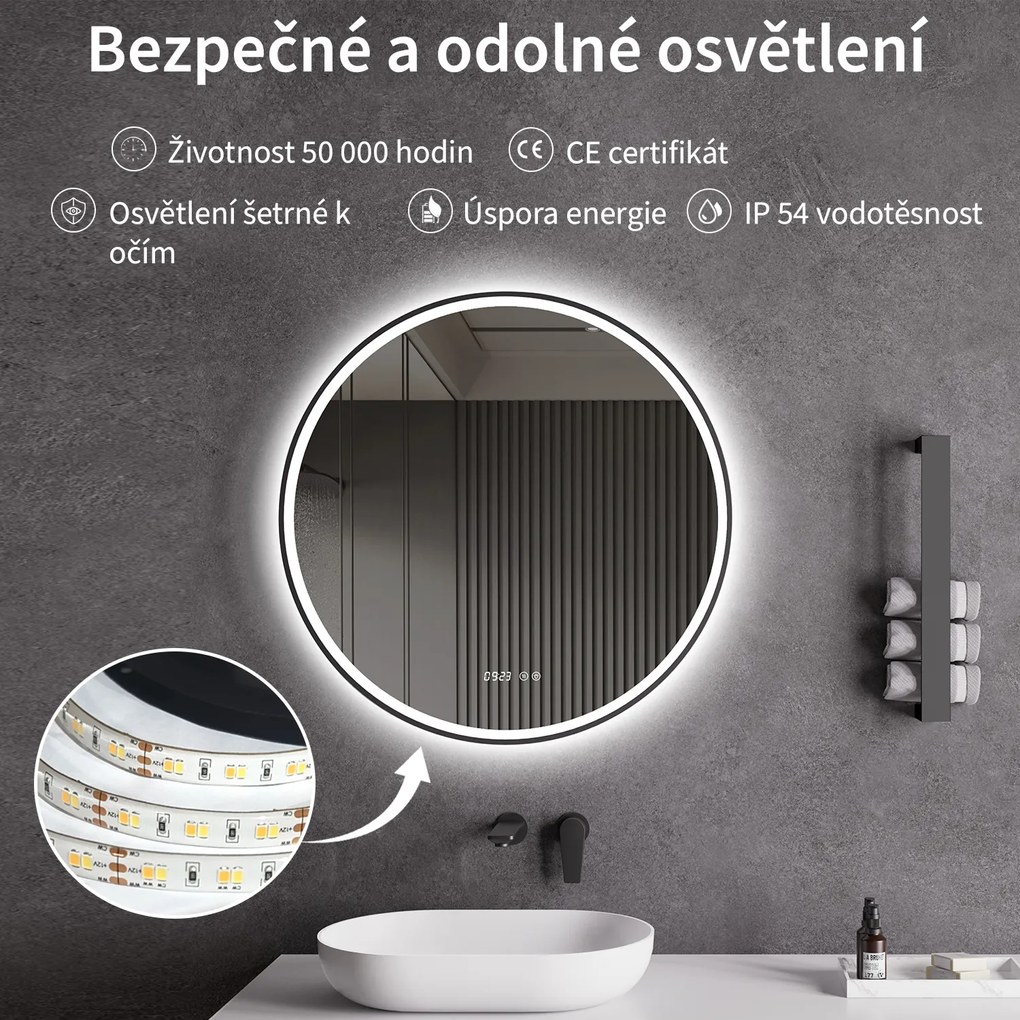 CERANO - Koupelnové LED zrcadlo Rivo, kovový rám - černá matná - Ø 80 cm