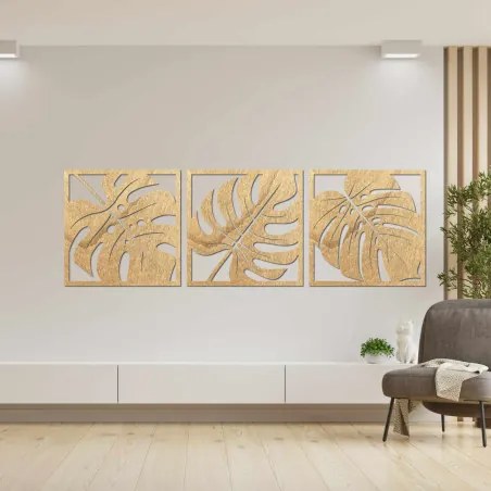 Dřevěný obraz Monstera – 3-dílná dekorace na zeď | SENTOP PR0536