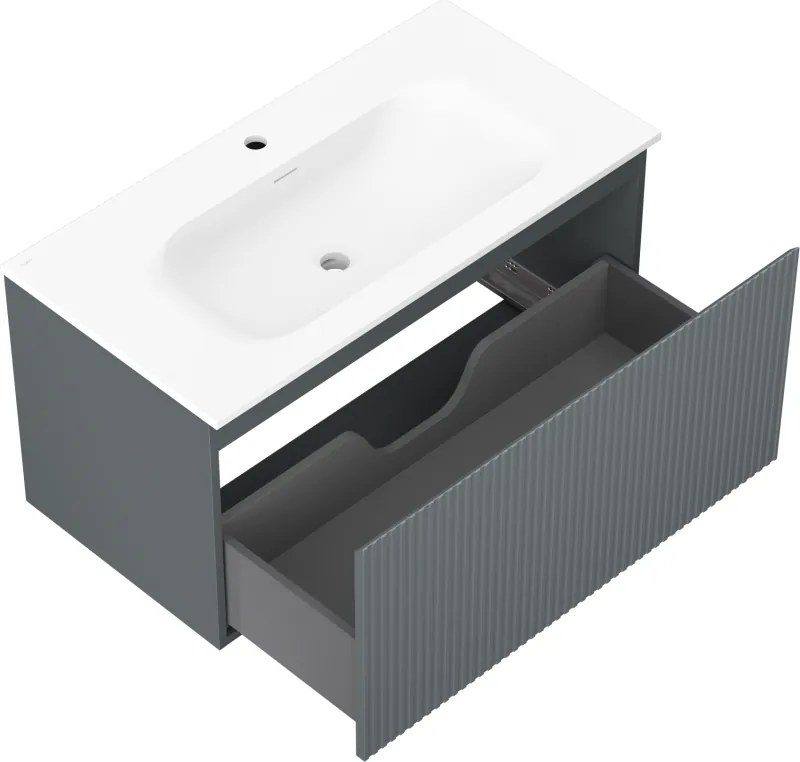 Mexen Rivel, koupelnová skříňka 90 cm s umyvadlem Vela, 1 zásuvka, drážkovaná, grafitová matná/bílá matná, 91A20-09047-1-BF66-W23M01