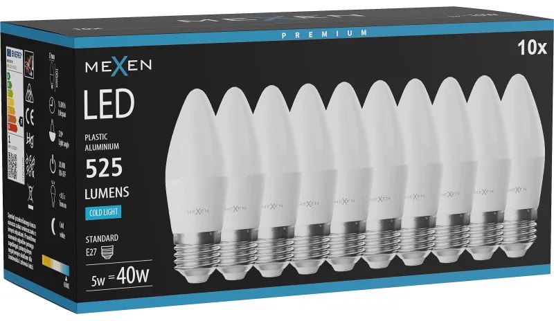 Mexen Nova 10x LED žárovka E27, C37, 5W, Studená - 6500K, 525 lm - L102-E27-0565-01x10