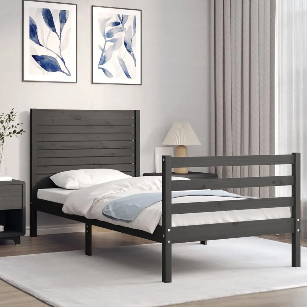 Rám postele s čelem šedý 100 x 200 cm masivní dřevo,  3195018