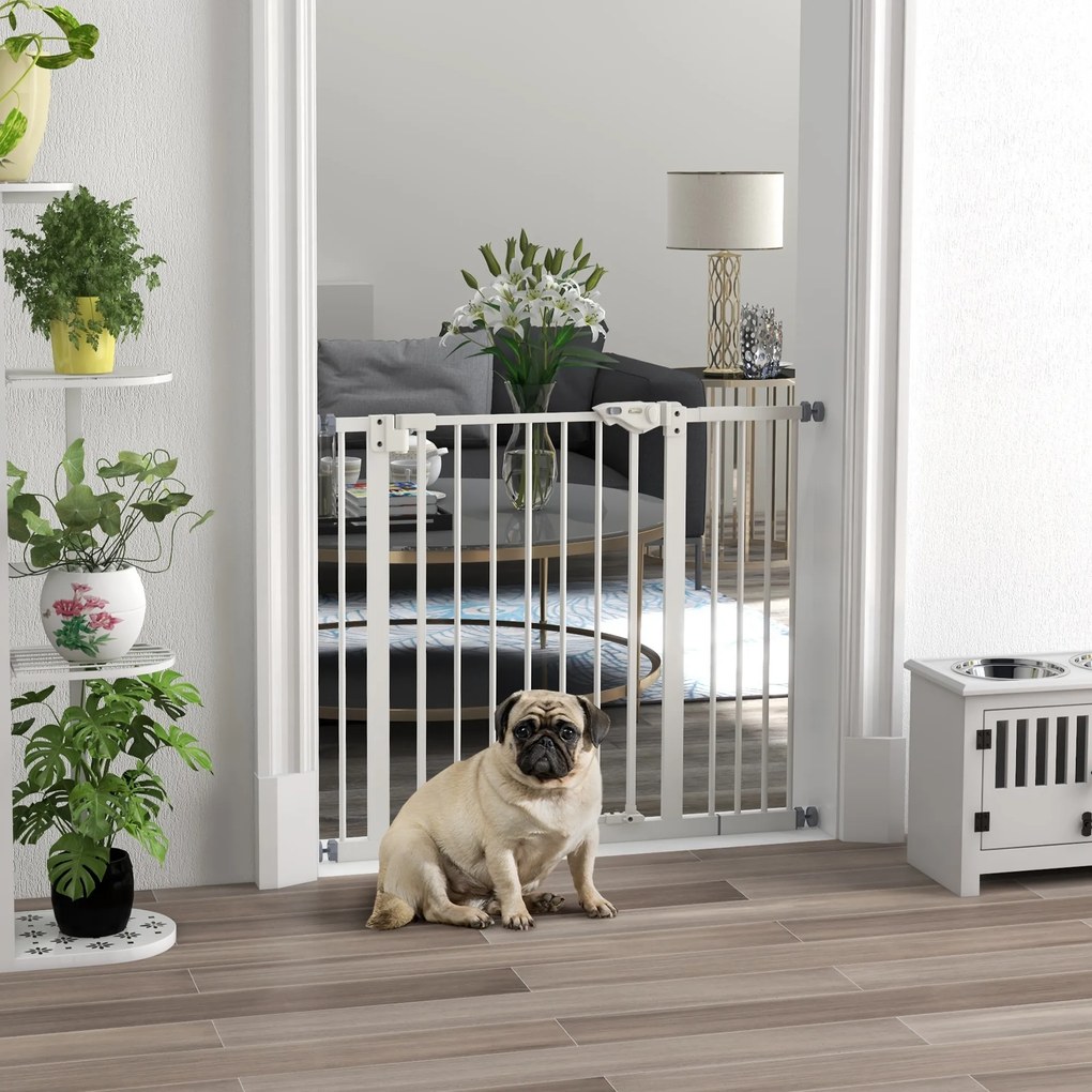PawHut Zabezpečovací Zábrana Na Schody s 14 cm Expanzí Bez Vrtání pro Šířky 74-94 cm, Dvojitě Otevíratelná Zábrana, Bílá